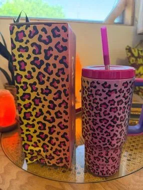 meoky | Dining | Pink Leopard Insulated Travel Mug With Handle And ...